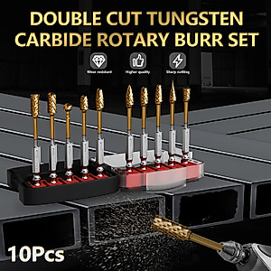 10 Pcs 1/4" Carbide Burr Set with Quick Change 1/4" Shank, Die Grinder Bits for Metal, Wood, Stone, and Deburring - Compatible with Milwaukee, Dewalt, and Other Rotary Tools