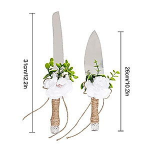 YHNJI 2Pcs Wedding Cake Knife and Server Set, Silver Cake Cutting Set with Eucalyptus Leaves Burlap Lace And Rose Bridal Cutter Set for Wedding Birthday Party