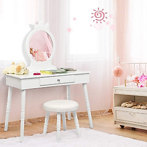 MAT EXPERT Kids Vanity Table Set, Child Pretend Play Makeup Table w/Stool & Crown Mirror, Princess Beauty Play Dressing Table Set w/Drawer, Makeup Table and Stool Set w/Real Mirror for Girls (White)