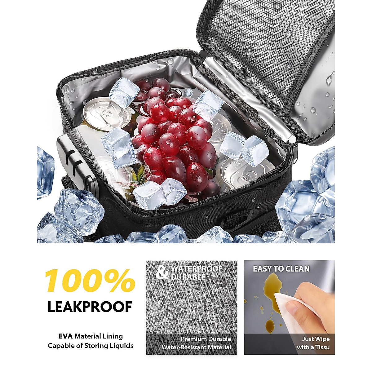 SafeDelux Insulated Lunch Bag with Combination Lock, Durable Lunch Bag Leakproof Cooler Bags Large Insulated Lockable Lunch Bag with Adjustable Shoulder Strap for Men Women (Grey)