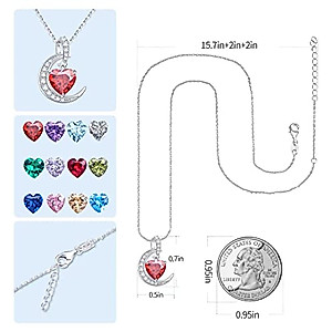 Qings Garnet January Birthstone Necklace - Red Heart Necklaces Crescent Moon S925 Family Birthstones Jewelry for Women Daughter