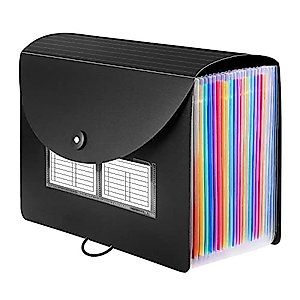 Sooez 24 Pockets Expanding File Folder with Blank Labels, According File Organizer with Expandable Cover, Desktop Accordion Folders Letter A4 Paper Document Storage Organizer, Black