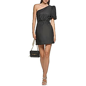 Karl Lagerfeld Paris Women's Taffeta Sheath with One Shoulder Puff Sleeve, Black