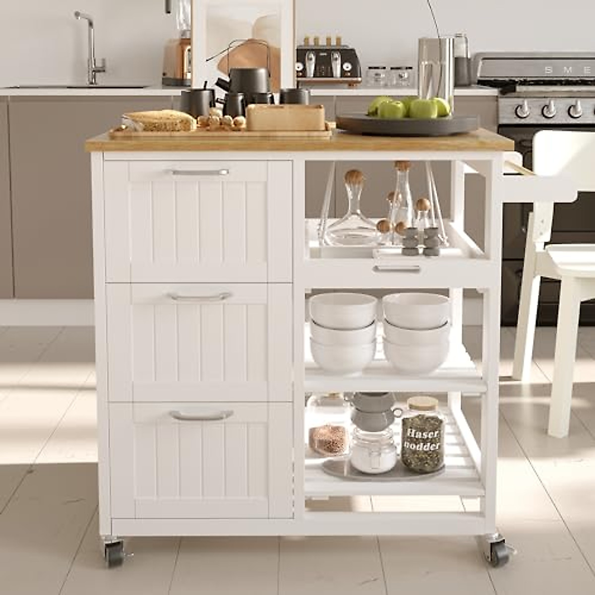 NSdirect Kitchen Island Cart,Industrial Kitchen Bar&Serving Cart Rolling on Wheels Utility Storage Trolley with 3-Tier Wine Rack Shelves&Three Storage Drawers,Soild Rubber Wood Top,White