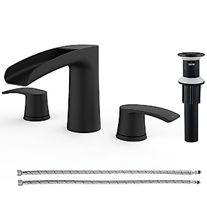 TIORIY Black Bathroom Faucets for 3 Holes Sink - 2-Handle Bathroom Sink Faucet with Drain for Sink 3 Hole, Waterfall Bathroom Faucet with Pop Up Sink Drain Stopper, Black Washbasin Faucet