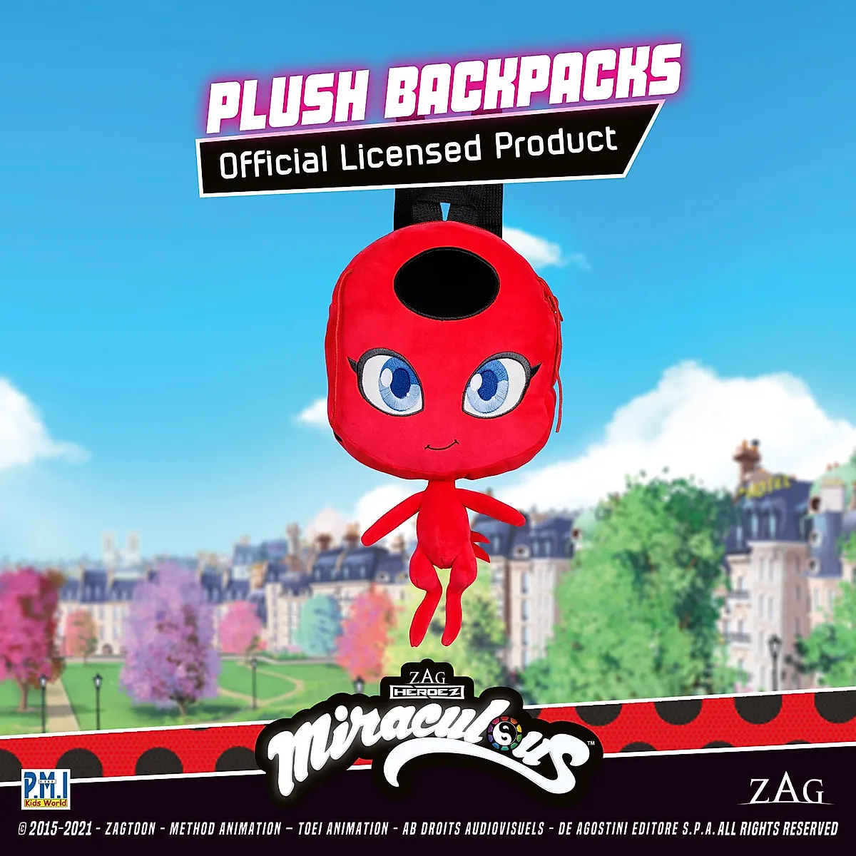P.M.I. Miraculous Ladybug Plush School Backpack| One of Two 12-Inch-Tall Collectibles | Miraculous Ladybug Toys and Playable Plush Backpacks | Tikki| Miraculous Ladybug Kids’ Toys | Licensed Plush