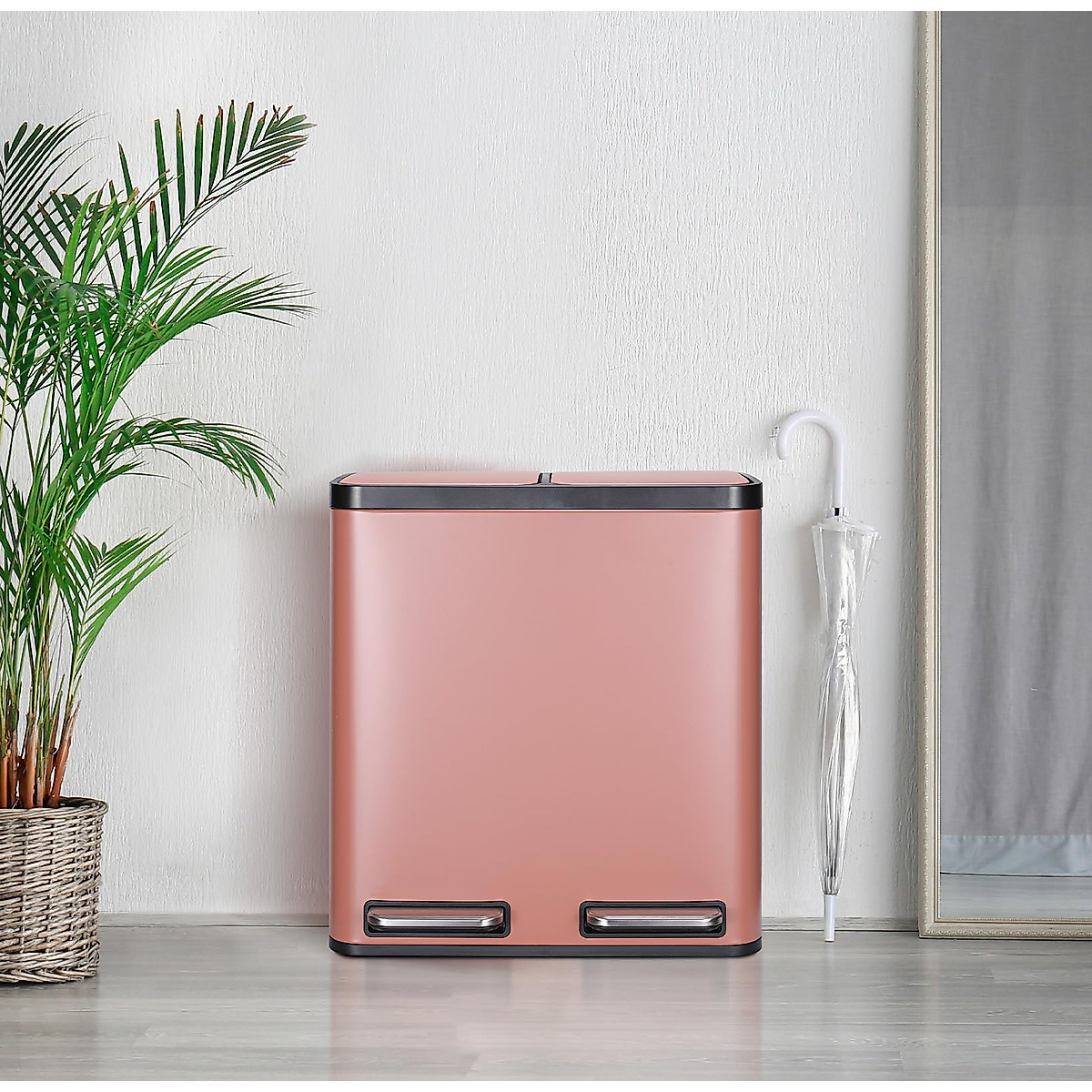 Arlopu 8 Gallon Dual Trash Can, 30L Stainless Steel Kitchen Garbage Can, Step-on Classified Recycle Garbage Bin with Removable Inner Buckets, for Kitchen, Living Room, Office (Pink)