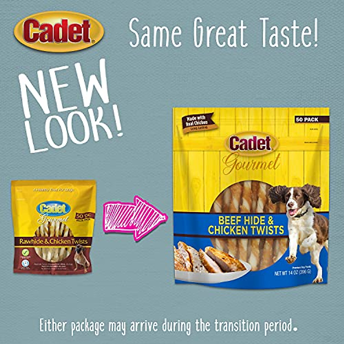 Cadet Gourmet Beef Hide & Chicken Twists Dog Treats - Healthy & Natural Rawhide & Chicken Dog Treats for Small & Large Dogs - Inspected & Tested in USA, 5 In. (50 Count)