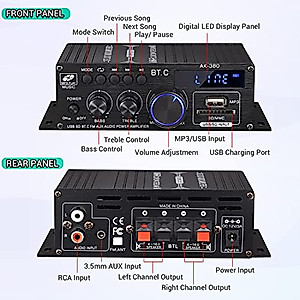 Facmogu AK380 Max 200Wx2 Mini Audio Power Amplifier, RMS 40Wx2 2.0 CH Bluetooth Receiver Speaker Amp with 12V 5A Power Supply, Bass & Treble Control Music Player Sound Amplifier for Car Home Garage
