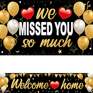 2Pcs Welcome Home Decorations We Missed You So Much Banner, Black Gold Welcome Back Family Yard Sign Party Supplies, Patriotic Military Army Homecoming Deployment Returning Back Party Decorations