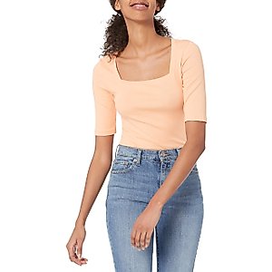 Amazon Essentials Women's Slim-Fit Half Sleeve Square Neck T-Shirt, Coral Orange, Medium