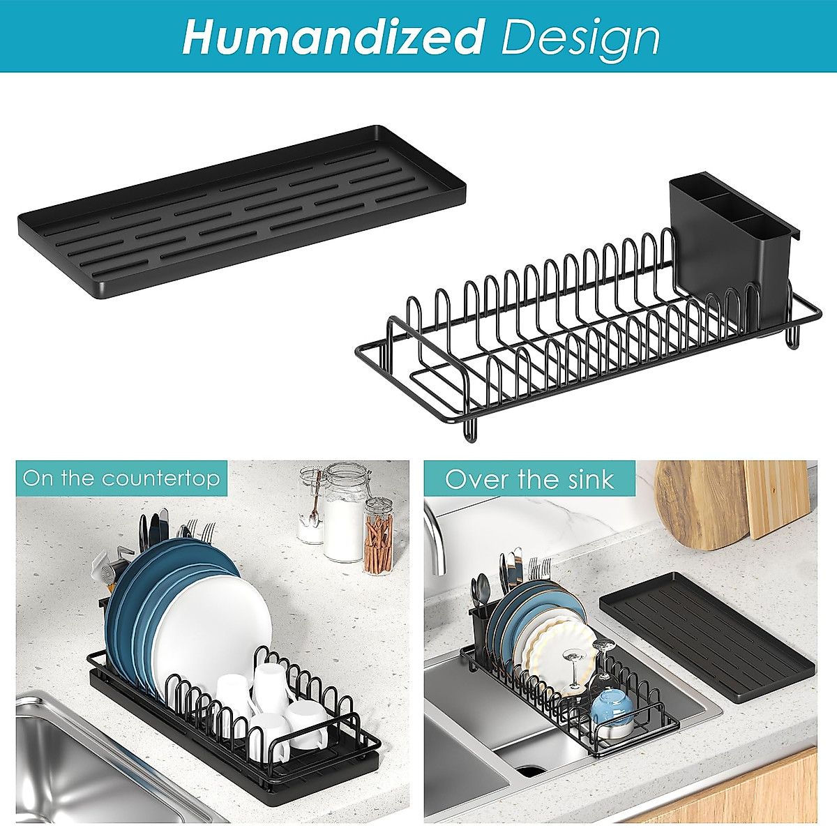 Giwil Small Dish Drying Rack, Compact Dish Rack with Silicone Tray and Caddy, Multifunctional Dish Drainer Sink Drying Rack for Kitchen Counter & Over The Sink, Stainless Stell, Black