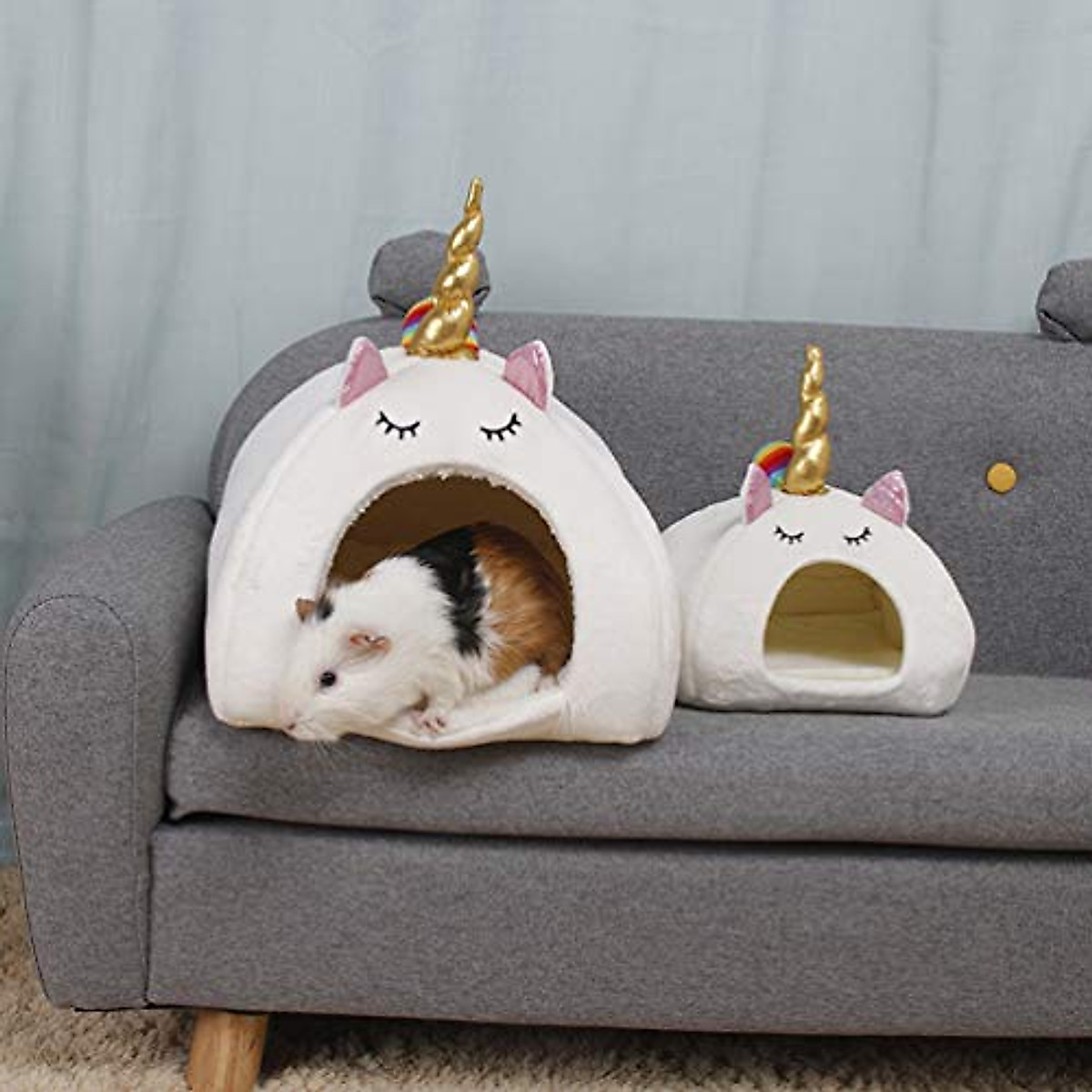 balacoo Hamster Warm Bed House Soft Cushion Couch Hut Guinea Pig Unicorn Design Hammock Hideout for Rabbit Chinchilla Squirrel Hedgehog (White, Size M)