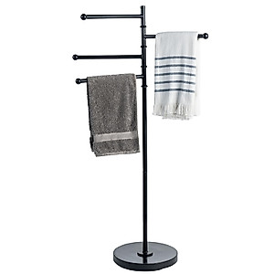MyGift 4ft Tall Matte Black Metal Floor Standing Towel Holder Rack with 4 Swivel Bars, Indoor and Outdoor Spa Pool Hot Tub Valet Accessories Storage Stand