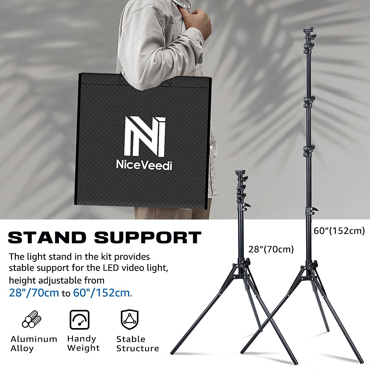 1-Pack LED Video Light Kit, NiceVeedi Photography Lighting Kit, 2800-6500K Dimmable Studio Light with Tripod Stand & Phone Holder, 73" Stream Light for Video Recording, Game Streaming, YouTube…