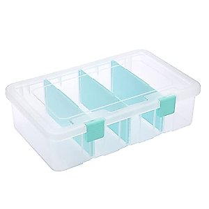 BTSKY Clear Plastic Dividing Storage Box with 4 Compartments Adjustable Storage Bin with Lid Plastic Craft Storage Container Multipurpose Sewing Box Art Supply Organizer, 13.3x8.1x3.4 Inches