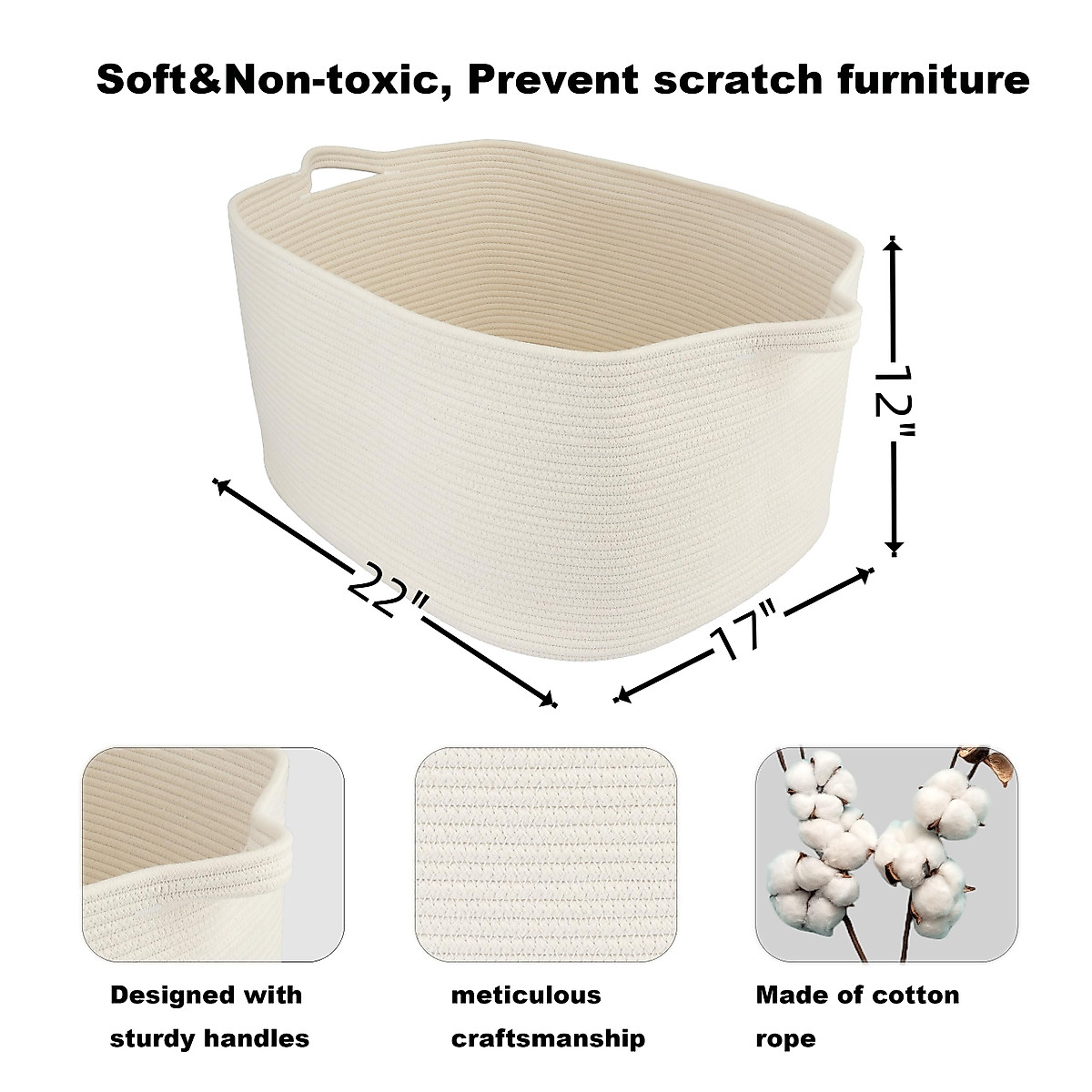 XUANGUO Large Rectangle Blankets Basket Living Room 22"x17"x12" Woven Cotton Rope Storage Basket for Nursery Toy Basket for Kids and Dogs Wicker Laundry Basket Bin for Clothes Towels white