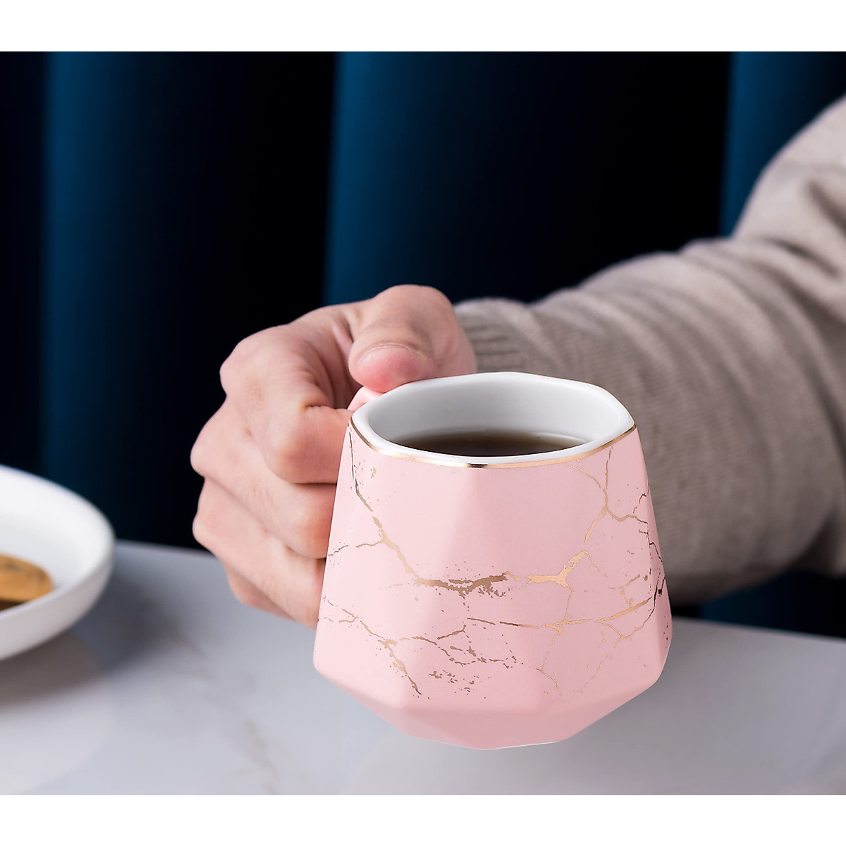 Jusalpha 7PC Deluxe Golden Marble Porcelain Coffee Mug Set with Wooden Mug Tree Holder, TCS28 (Pink)