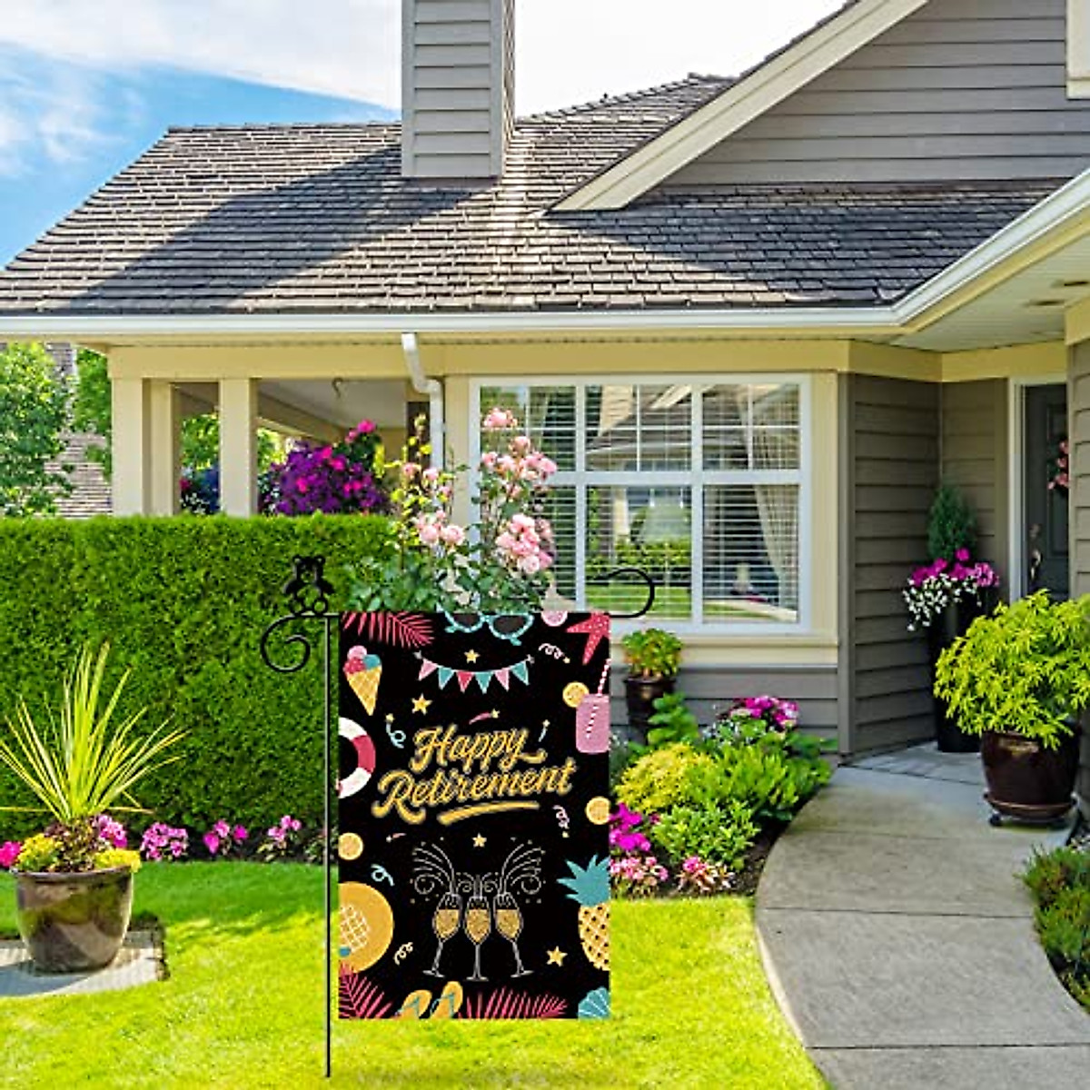 Happy Retirement Garden Flag, Retire Gift Grandparents Garden Banner Goodbye Tension Hello Pension Flag Yard Outdoor Decor, 12 x 18"