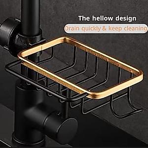 Kitchen Sink Rack Faucet Sponge Holder Over The Sink Organizer Faucet Rack with Hook，A Free Dishcloth Note：Round Pipe with Diameter 0.7-1.1 Inchs Can Be Used（Aluminum,Single Right Blackgolden）