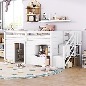Harper & Bright Designs Twin Size Low Loft Bed with Storage,Wood Kids Loft Bed with Stairs,Loft Bed Twin with Shelf and Drawer Underneath,Space-Saving Twin Bed for Girls Boys,White