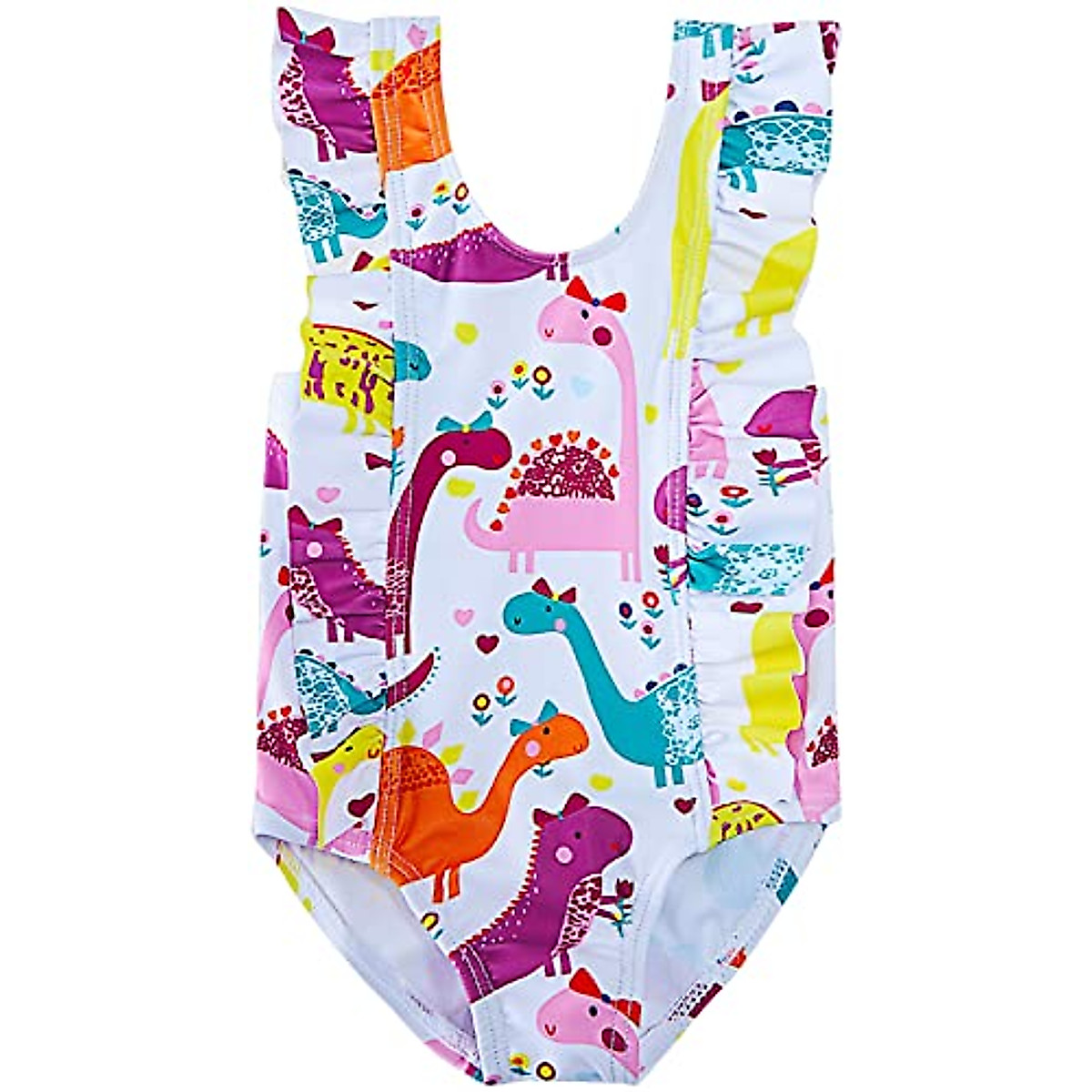 RAISEVERN Baby Girls Swimsuit Ruffles Dinosaur Bathing Suits Cute Cartoon Colorful Flowers Print Beach Sport White Summer One Piece Swimwear Backless Quick-Dry Swimming Bodysuit for 3t 4t Little Girl
