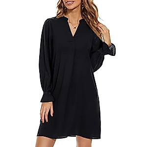 KINMIU Women's Long Sleeve V Neck Flowy Swing Shift Casual Funeral Dress Elegant Work Fall Dresses 2023(X-Large,Black)