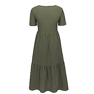 Boho Dress for Women Maxi, Women's Summer Dresses 2022 Sundress Long Dresses Women's Cotton Linen Round Neck Short Sleeve Dress Midi Dresses with Pockets Shirt Dress Plus Size (XL, Green)
