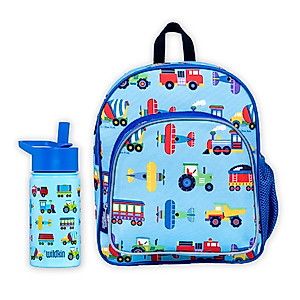 Wildkin 12 Inch Backpack Bundle with 14 Ounce Steel Reusable Water Bottle (Trains, Planes & Trucks)
