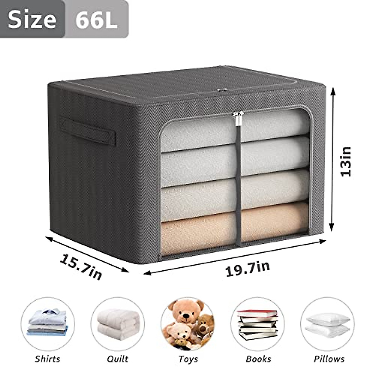 Foldable Clothes Storage Bins 2 Pack, Stackable Metal Frame Clothing Storage Box, Oxford Fabric Organizer Set with Clear Windows&Sturdy Carry Handles(66L,Grey)