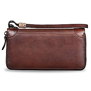Genuine Leather Wallet for Women Dual Use Zip Long Purse Vintage Handmade Clutch Cowhide Card Holder Organizer (Coffee)