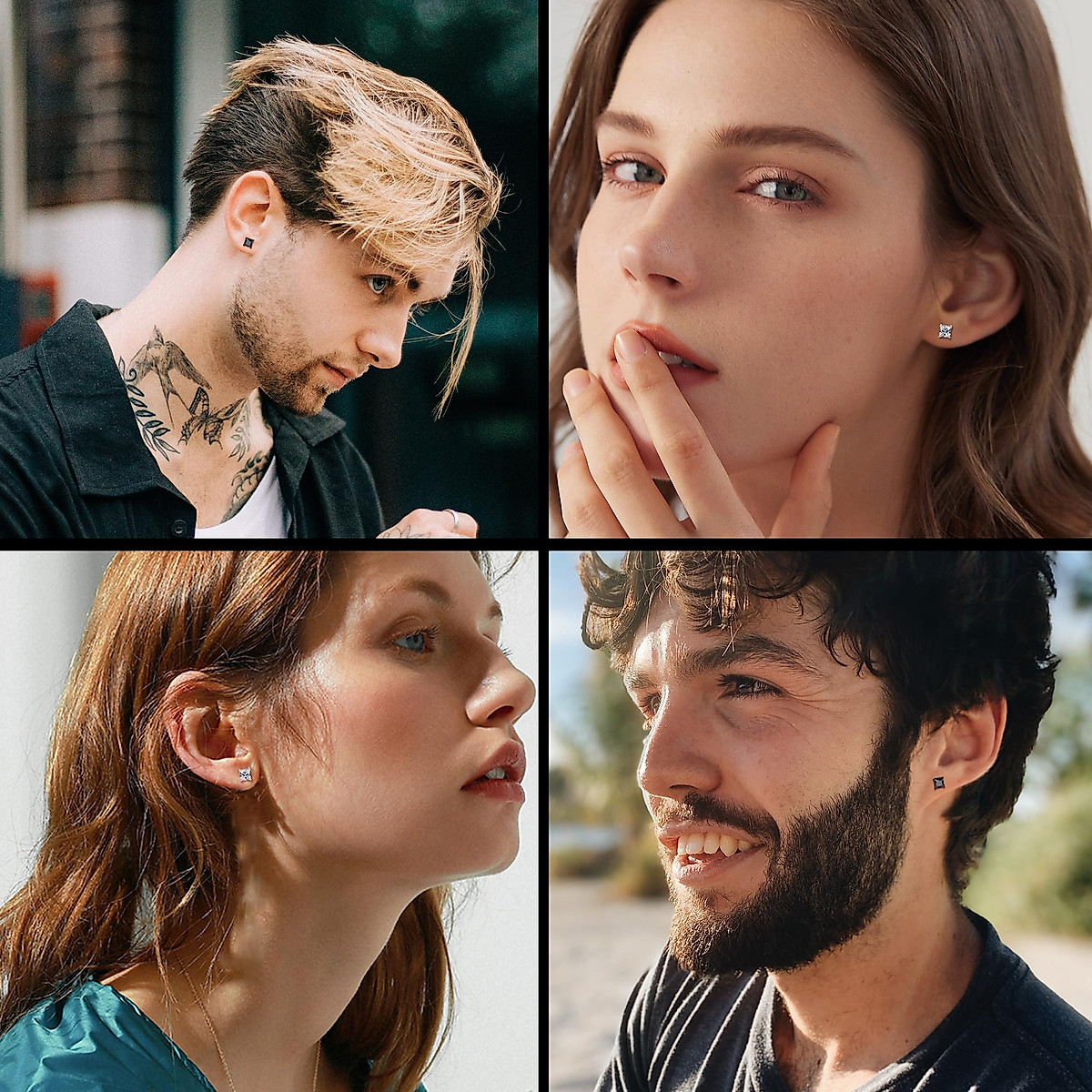 ORAZIO Black Silver Earrings for Men,Stainless Steel Cubic Zirconia Earrings 20G Mens Earrings Hypoallergenic CZ Earrings Studs Trendy Square Earring Studs Set 4-8MM,CZ 5MM