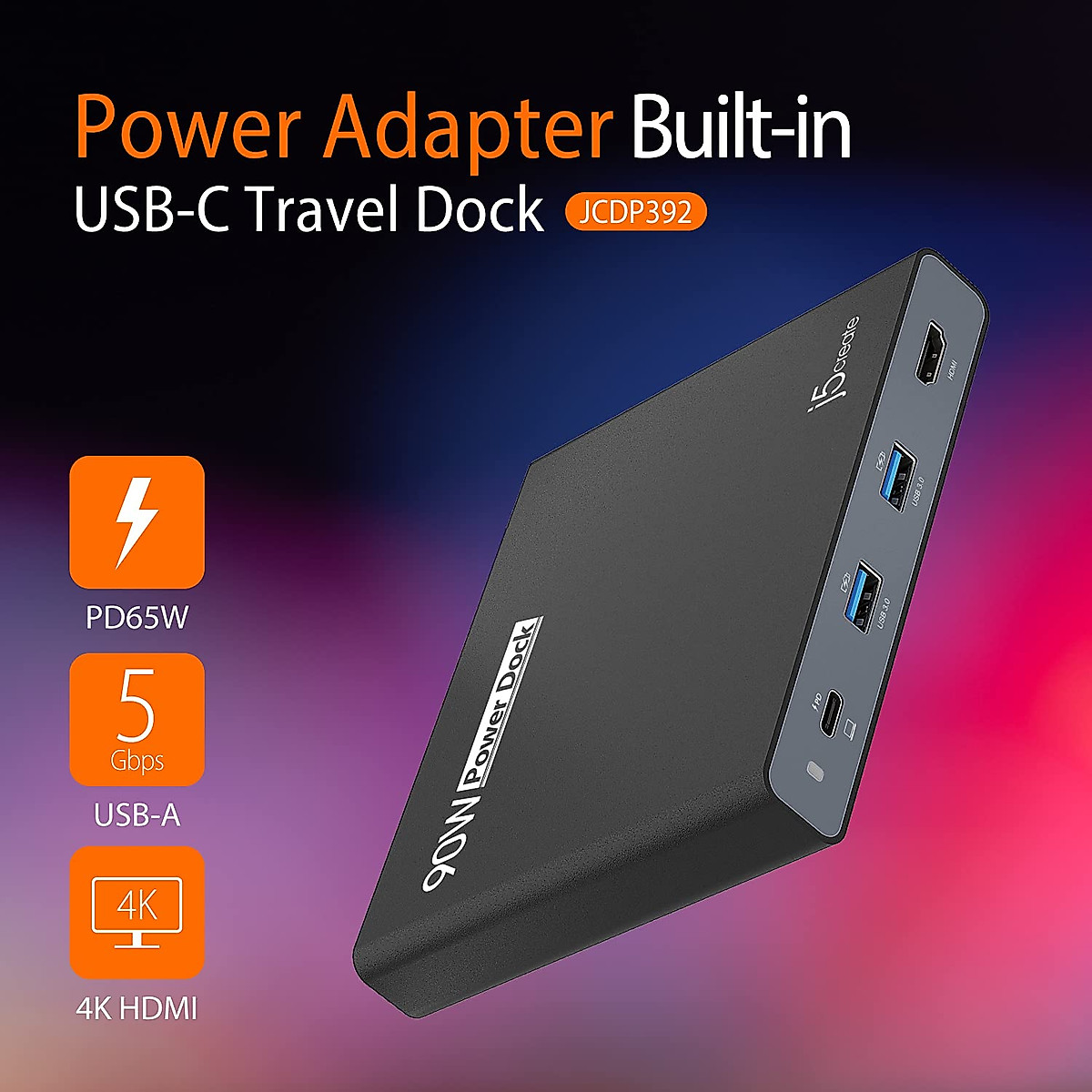 j5create USB-C Travel Dock with PD 65W Power Supply - for Travel or Business Trip - Charging Adapter Hub with 4K HDMI, USB-A x 2 - for MacBook Air/Pro 13, Surface Pro, and USB-C Laptop (JCDP392)