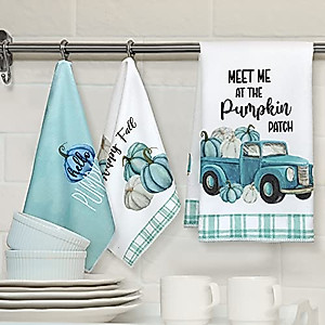 Sratte 4 Pcs Fall Kitchen Towels 16 x 24 Inch Blue Pumpkin Dish Towels Thanksgiving Decorative Tea Towels Autumn Harvest Hand Towels Blue White Absorbent Dishcloth for fall Home Bathroom Kitchen Decor