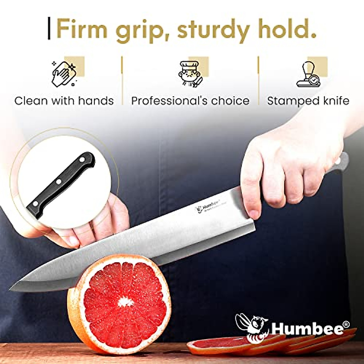 Humbee - Chef Knife 8 Inches - Stainless High Carbon Steel Full Tang Blade for Pro and Personal Use Ergonomic Handle Comfortable Grip