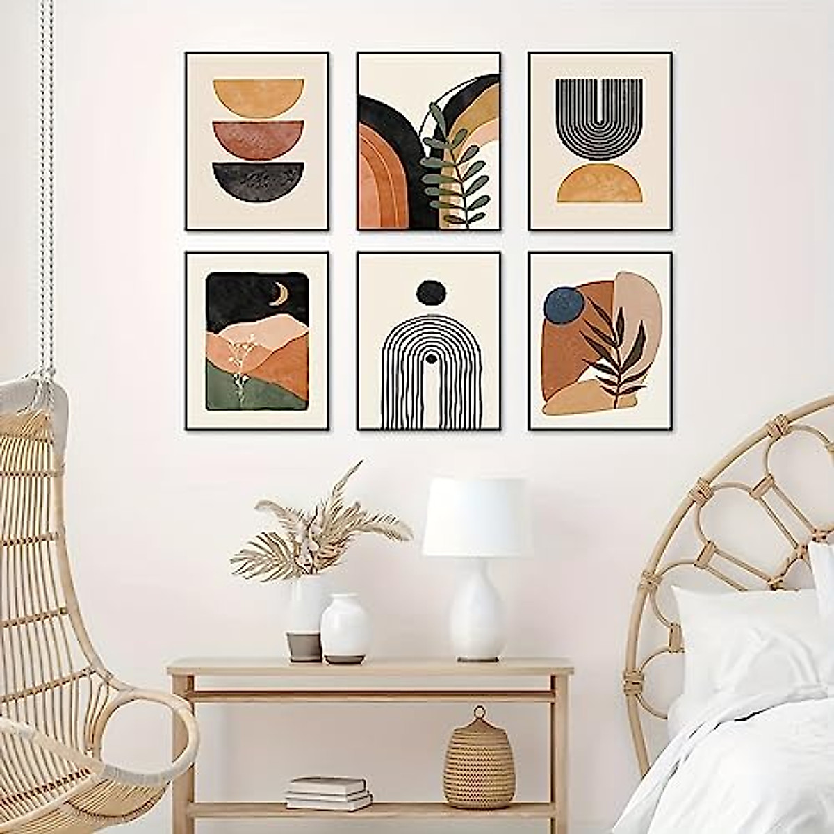 6pcs Frameless Abstract Geometric Canvas Painting Boho Mid-Century Modern Wall Art Minimalist Wall Art Black Beige Neutral Abstract Geometric Print Room Poster Suitable For Living Room Bathroom