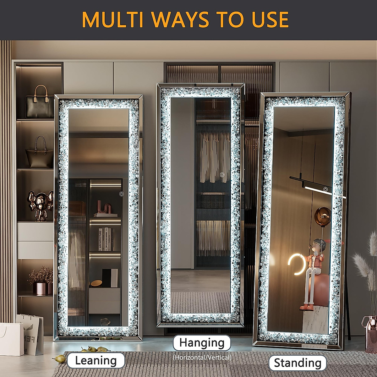 Hasipu Full-Length Mirror 63”×20” with Lights and Crystal Crush Diamond, Wall Mounted Hanging Diamond Mirror Leaning for Living Room Bedroom