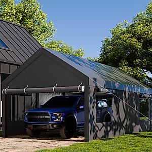 JAMFLY Carport, 12x20 ft Heavy Duty Carport Canopy with Roll-up Windows, Portable Garage with Removable Sidewalls & Doors, Car Canopy with All-Season Tarp for Car, Truck, Boat