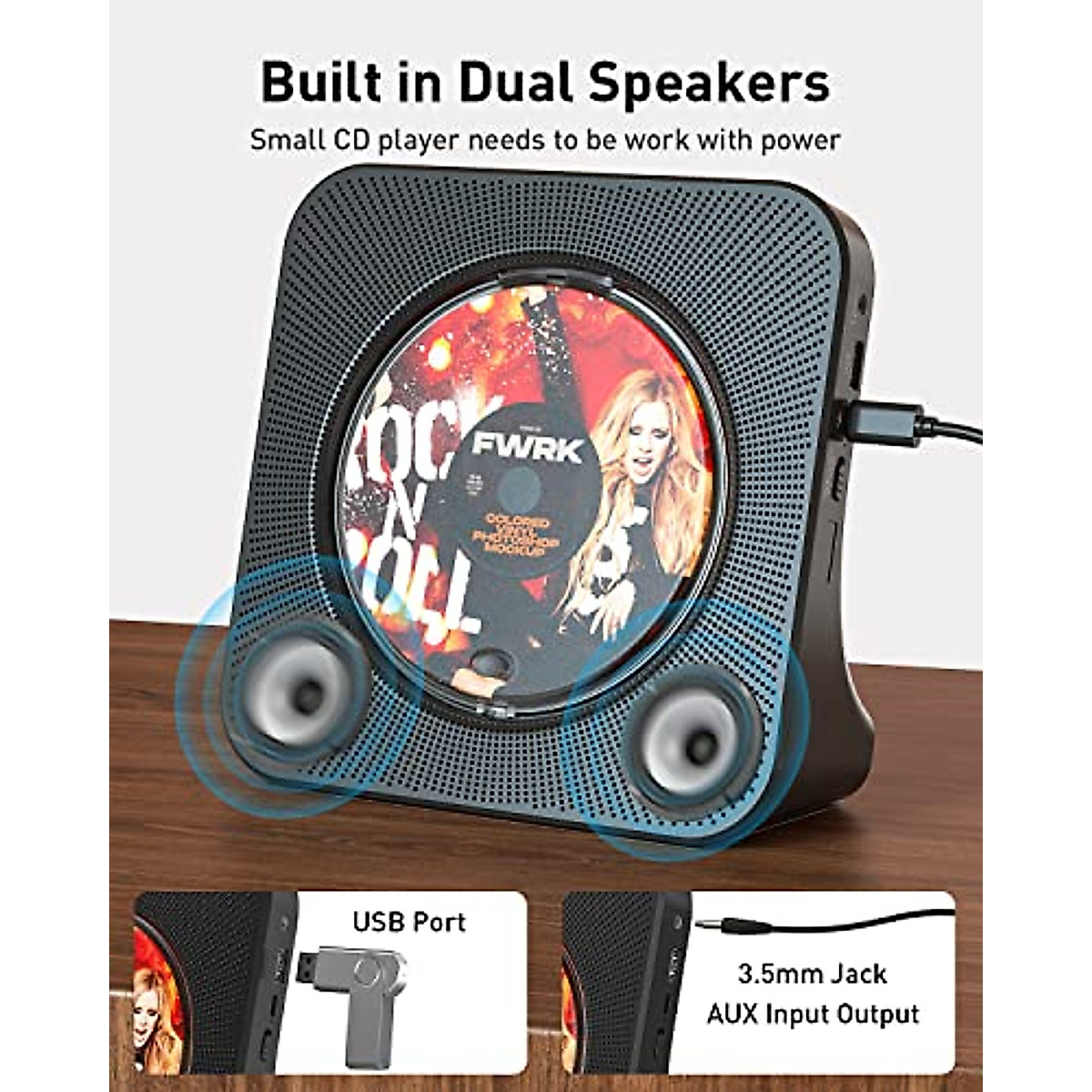 QUALORI CD Player Portable with Bluetooth Desktop Music Player Dual Speakers for Home Audio Boombox,USB Flash Player,FM Radio,AUX Input Output/Remote Control-Black