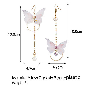 Long Butterfly Chain Tassel Drop Dangle Earrings for Women Asymmetric Butterfly Pearl Circle Pendants Earrings Colored Tulle Butterfly Wings Earrings (Butterfly-1)