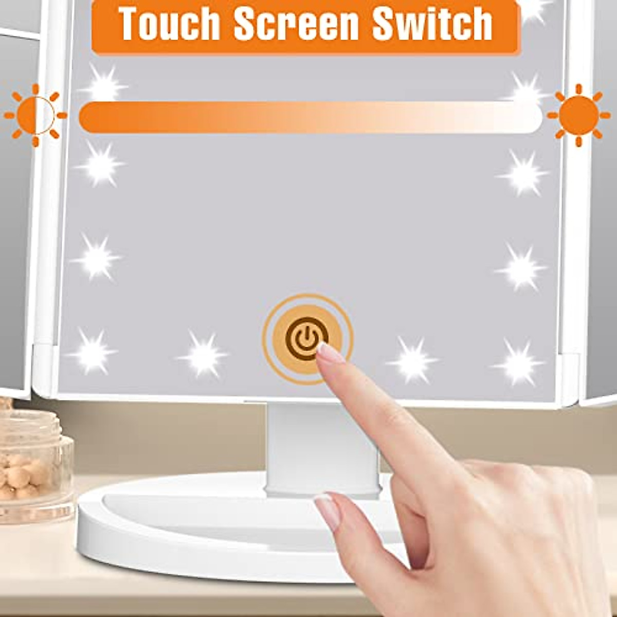 FASCINATE Trifold Vanity Mirror with Lights, Lighted Makeup Mirror 2X/3X Magnification, 21 LED Touch Dimming, Dual Power 90° Rotation Lit Beauty Table Mirror, Make up Mirror with Lighting (White)