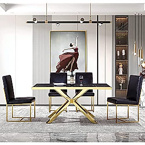 AZhome Modern Dining Room Table with Gold Stainless Steel Metal X-Base in Black Gold