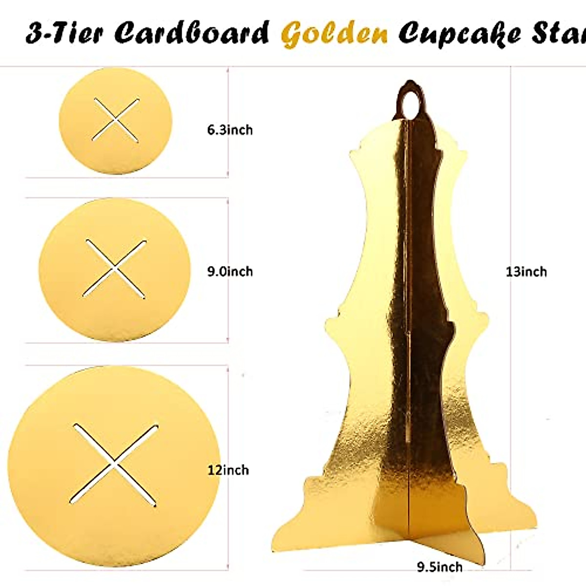 3-Tiered Cardboard Cupcake Stand,Golden Cupcake Stands, Party Cake Stand Tray, Easy Assemble Dessert Holder Paper Cupcake Stands for Party, Wedding, Afternoon Tea, Birthday (Set of 3)