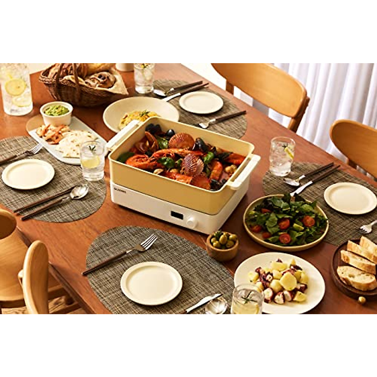 Dr.HOWS Doran Doran 3 in 1 Electric Skillet, Combo Multi Cooker, Rectangle Hot Pot Fryer Pan Griddle and Grill with Safe Nonstick Coating, Steady Heat, Glass Lid (yellow)