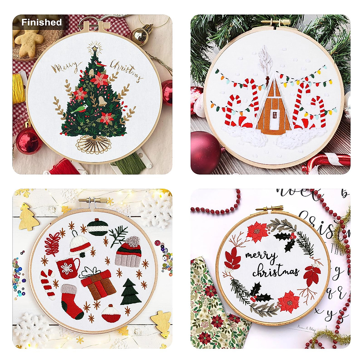 Sivilife Christmas Embroidery Starter Kit for Beginners, 4 Sets Stamped Cross Stitch Kits for Adult, Cute Sock Gift Pattern Hand DIY Kit with 2 Embroidery Hoops Instructions Color Threads and Needles
