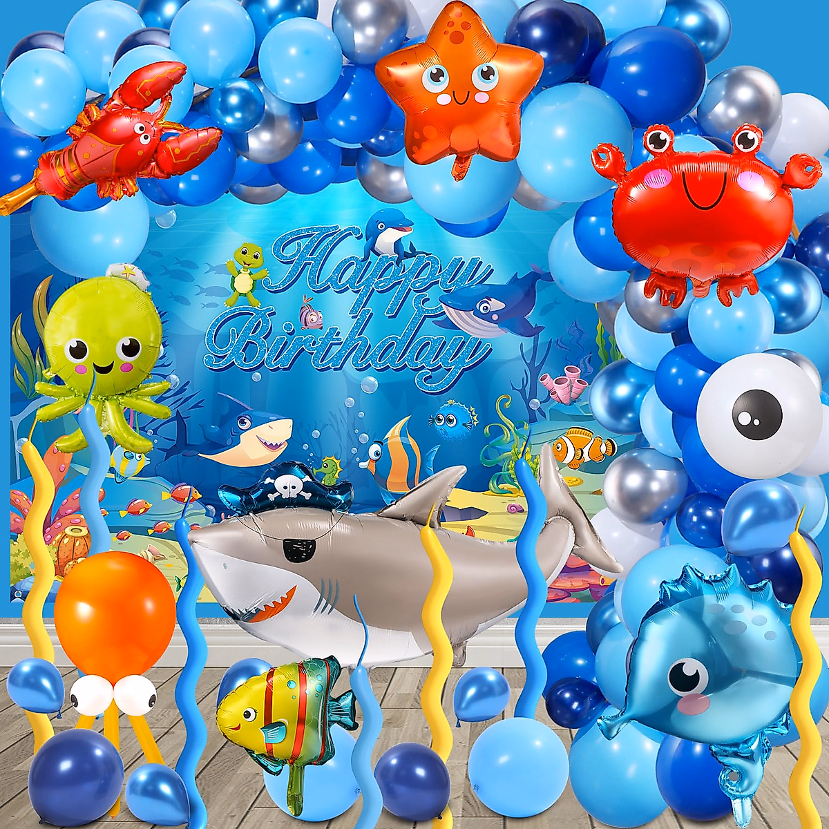 Capoda 143 Pcs Sea Party Supplies Birthday Backdrop Ocean Animal Balloons Ocean Theme Birthday Party Decorations Ocean Balloons Background Banner for Ocean Beach Underwater Birthday Decor