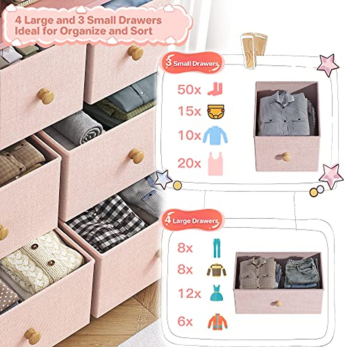 EnHomee Pink Dresser for Girls Bedroom, Dresser for Bedroom with 7 Drawers and 2 Shelves, Pink Dresser with Wooden Top and Metal Frame, Dressers & Chests of Drawers for Bedroom, Closets, Nursery, Pink