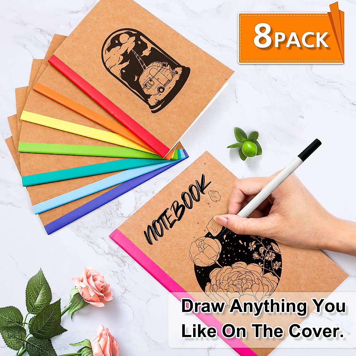 feela 8 Pack Composition Notebooks Bulk, Kraft Cover Lined Blank College Ruled Composition Travel Journals with Rainbow Spines For Women Students Business, 60 Pages, 8.3”x 5.5”, A5, 8 Colors