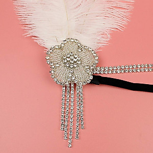Positive Costume Great Gatsby Flapper Headband Elegant Crystal Rhinestone Flower Tassels 1920s Vintage Hairband Old Hollywood Glam Headpiece (White)