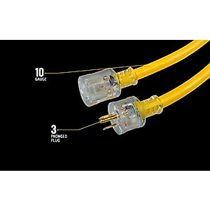 Yellow Jacket 2805 10/3 Heavy-Duty 15-Amp SJTW Contractor Extension Cord with Lighted End; 50-Feet